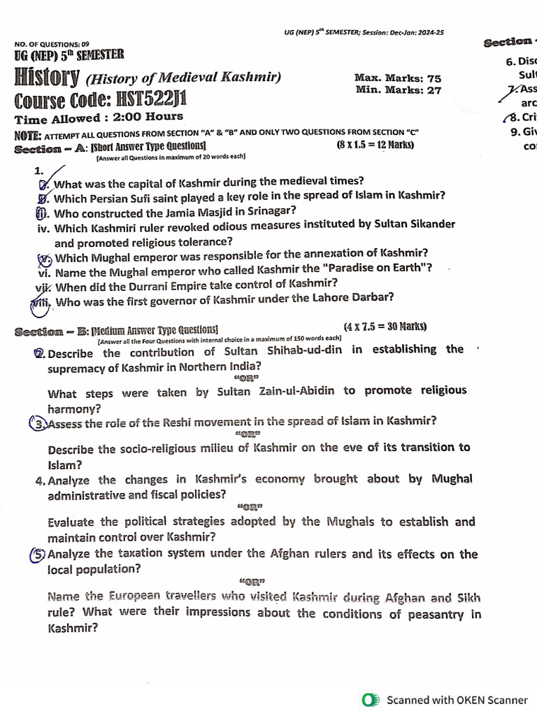 History Paper j1 5th Sem. | PDF