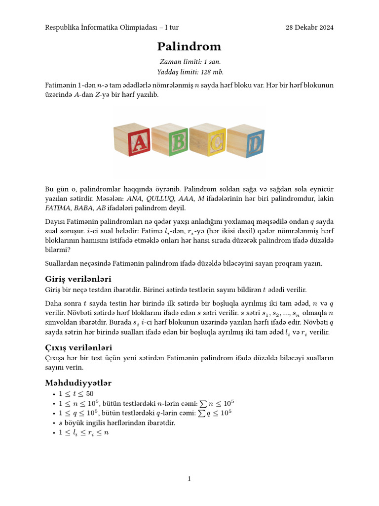 Palindrom: Zaman Limiti: 1 San. Yaddaş Limiti: 128 Mb. A Z | PDF