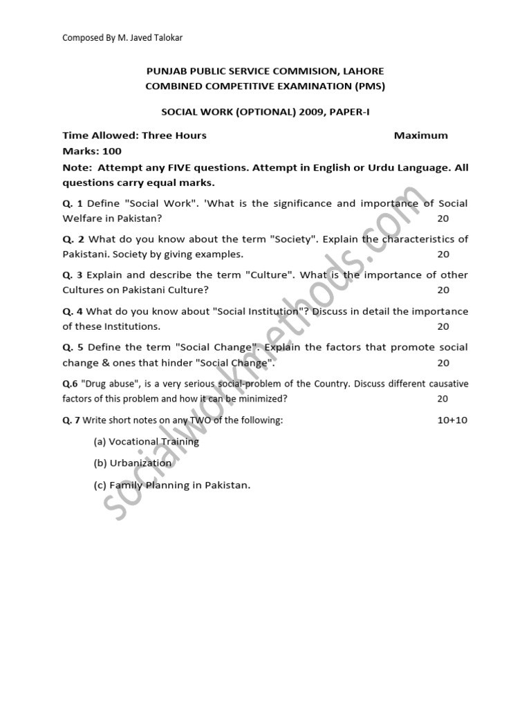 PMS Social Work Exam Papers Overview | PDF | Pakistan | Social Work