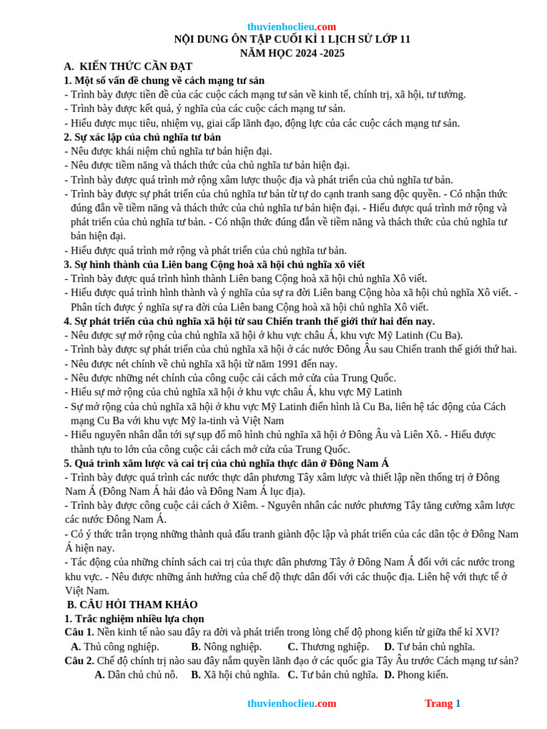 Noi Dung On Tap HK1 Lich Su 11 Canh Dieu 24 25 | PDF
