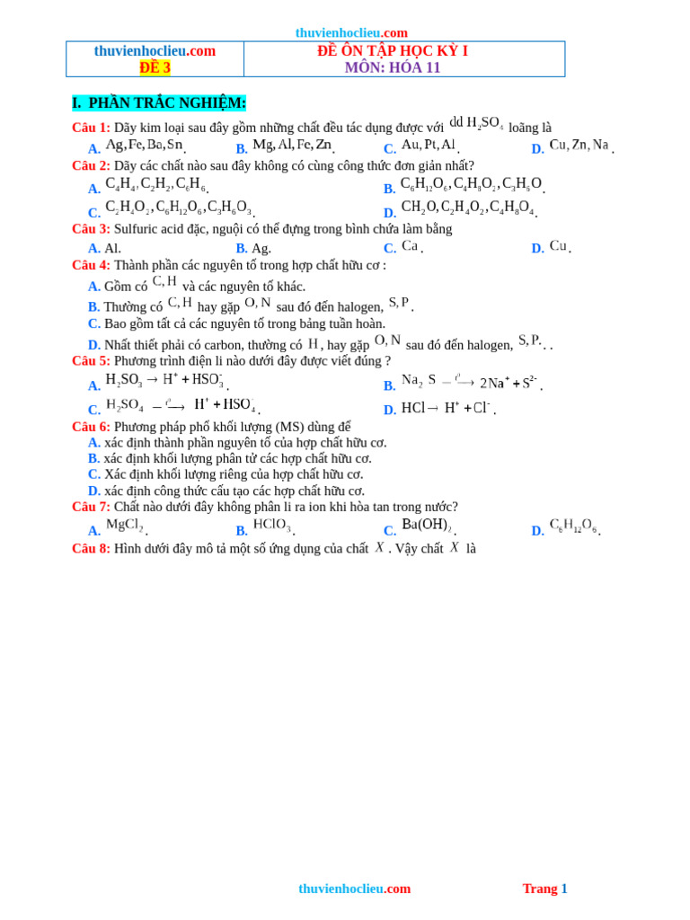 Thuvienhoclieu.com de on Tap HK1 Hoa 11 CTST de 3 | PDF