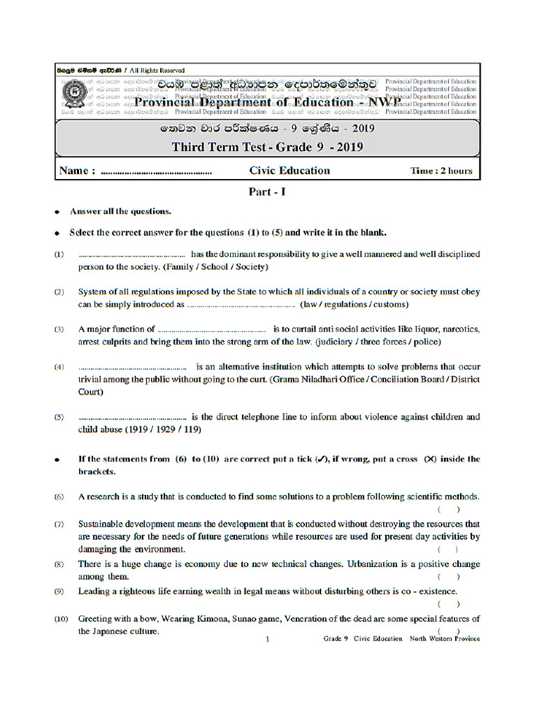 3rd Term - GR 9 - Civic - 2019 (NWP) (Without Answer) | PDF
