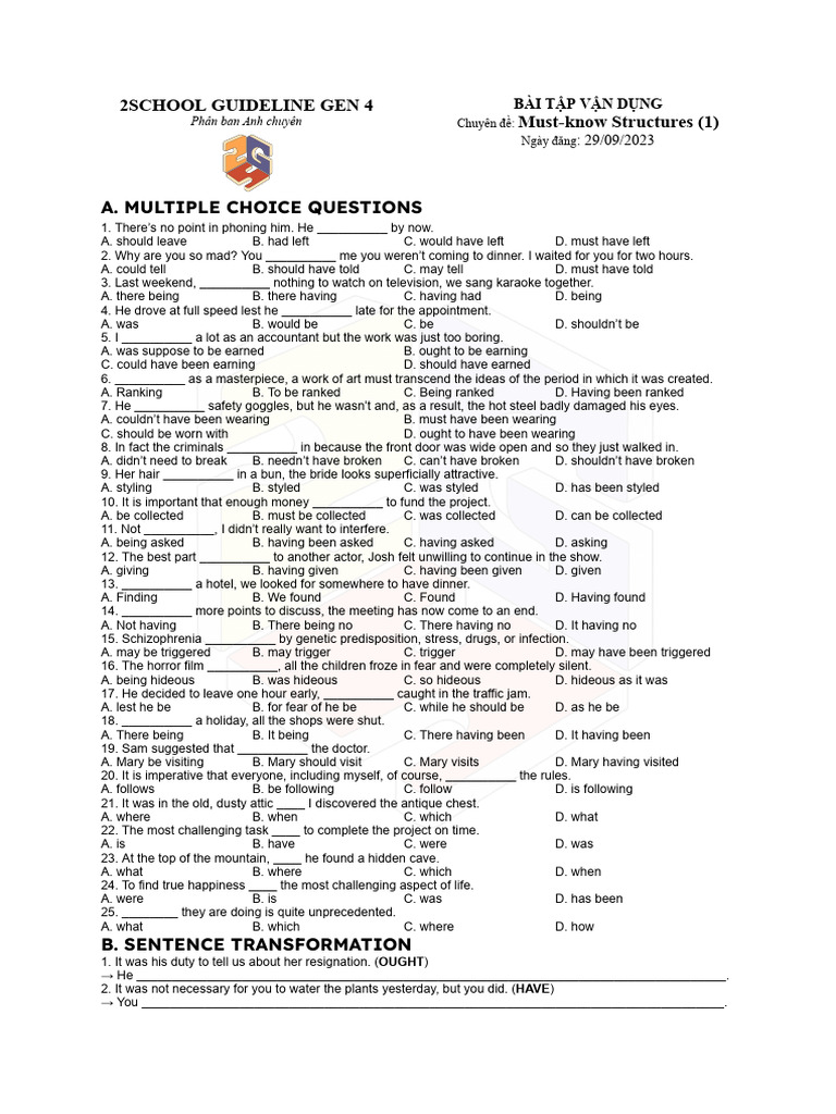 [2SG GEN 4] MUST-KNOW STRUCTURES - PHÂN 1 _ BÀI TẬP | PDF