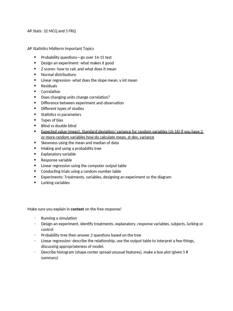 AP Statistics Midterm Important Topics | PDF