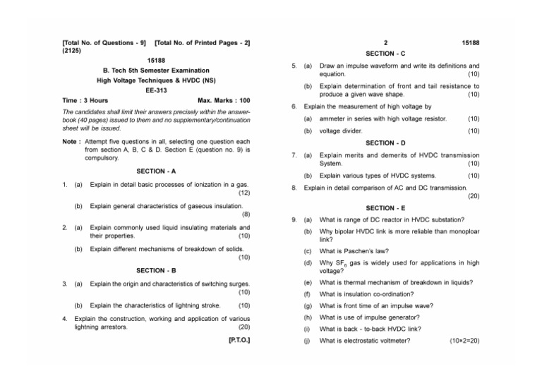 btech-ee-5-sem-high-voltage-techniques-and-hvdc-ns-ee-313-15188-2015 | PDF