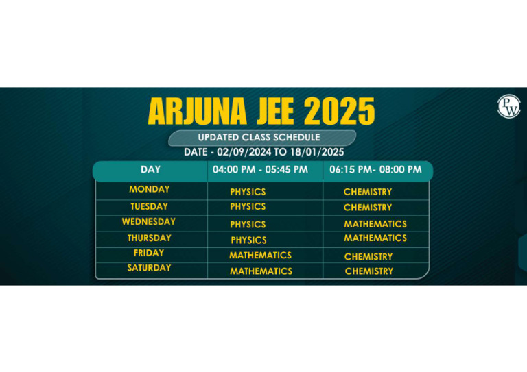 Arjuna JEE 2025 - Updated Class Schedule | PDF