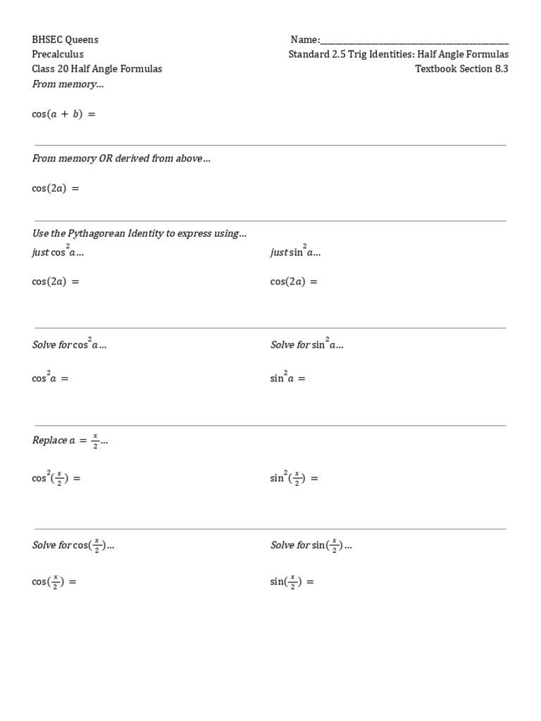2.5A Half Angle Formulas | PDF