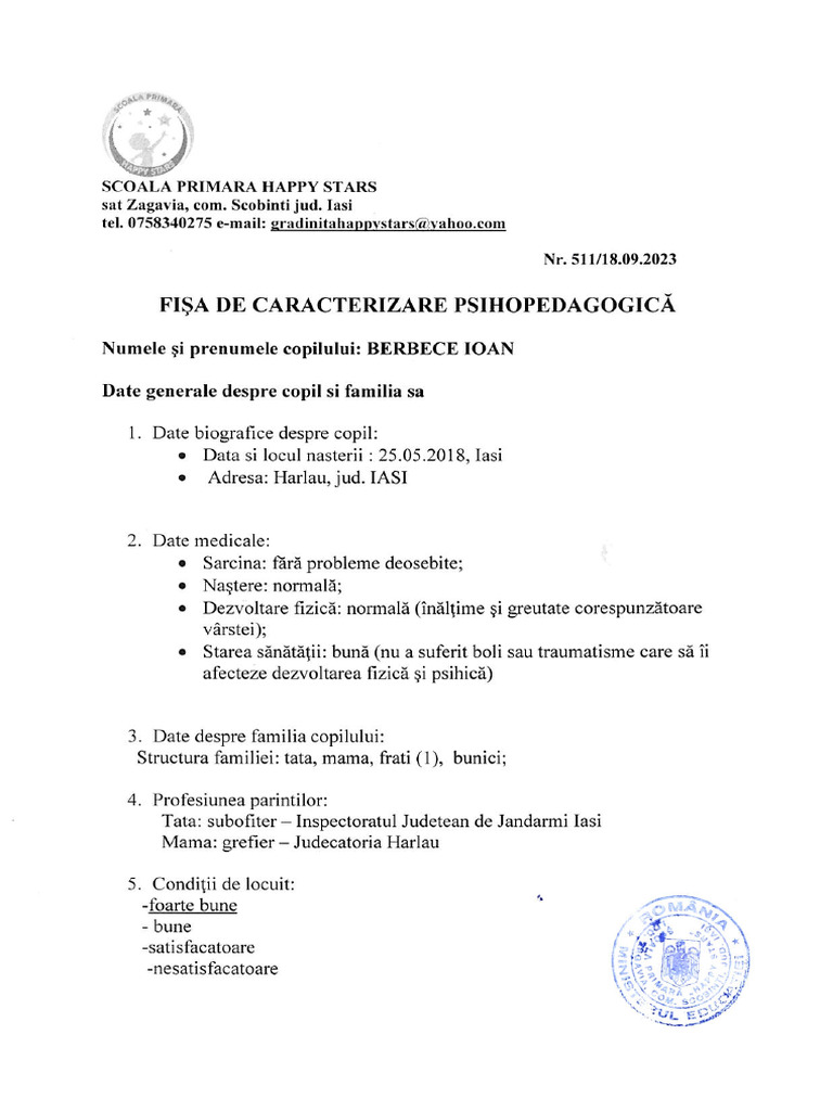 Fisa Caracterizare Psiho-pedagogica Berbece Ioan | PDF