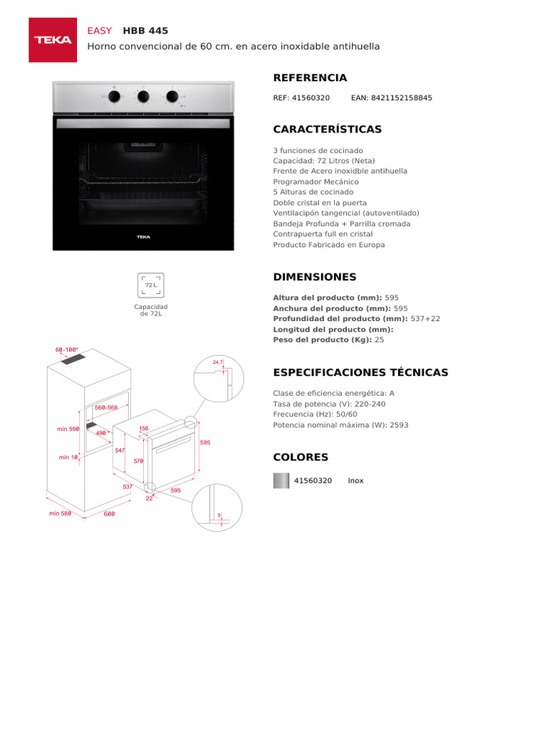 Horno HBB 445 Inox 72L 3 Funciones | PDF