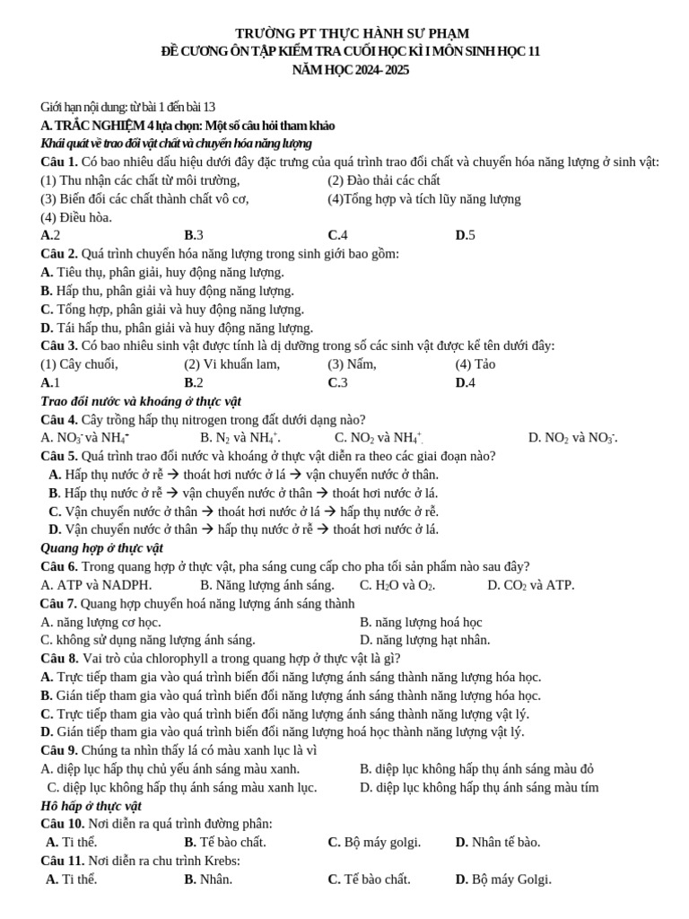 De Cuong Sinh 11 Cuoi hk1 NH 2024 2025 | PDF