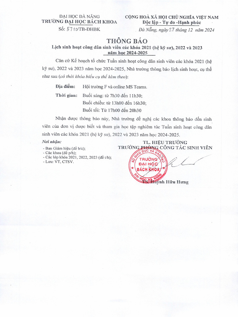 20241227-5710-TB-DHBK-TB lịch SHCD SV cac khoa 2021 (KS), 2022, 2023 năm hoc 2024-2025 | PDF