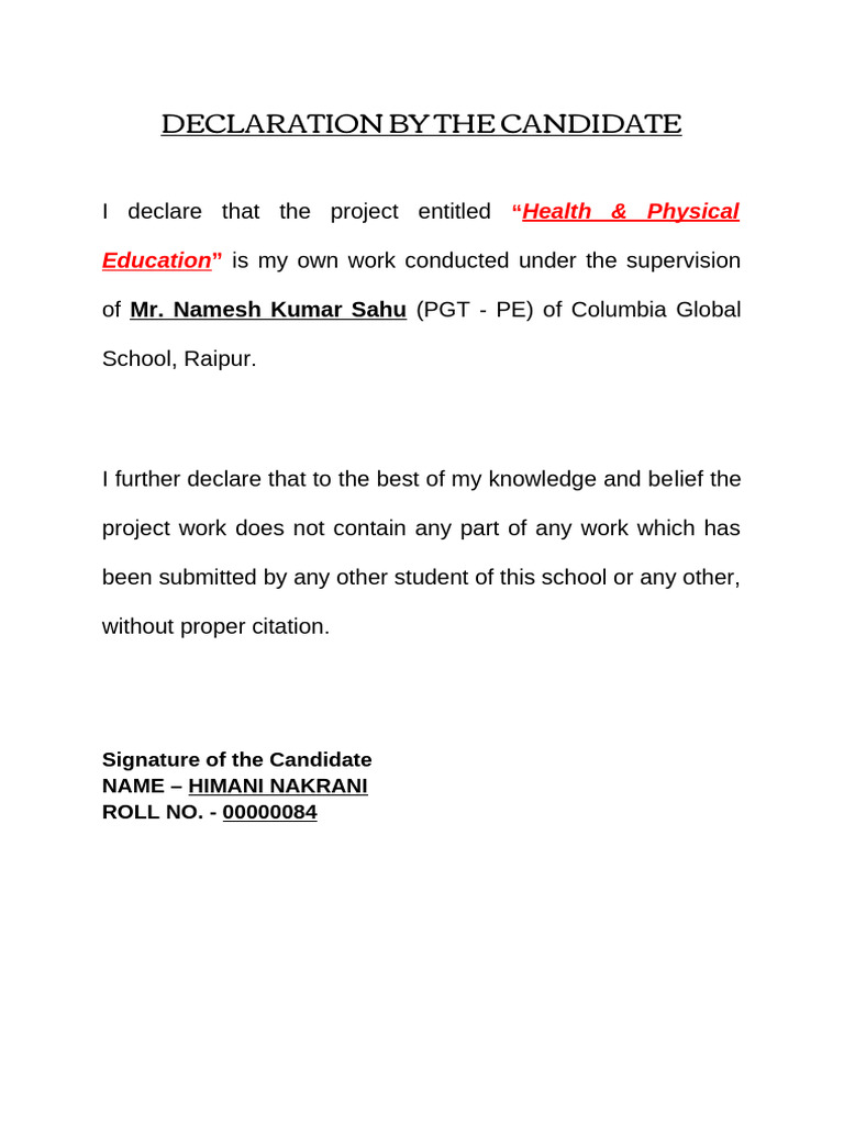 Health & Physical Education Project Declaration | PDF