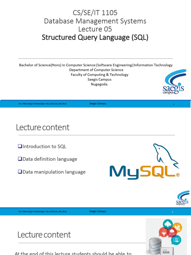 CS SE IT 1105 Database Management Systems - Lecture 05 | PDF | Sql | Relational Database
