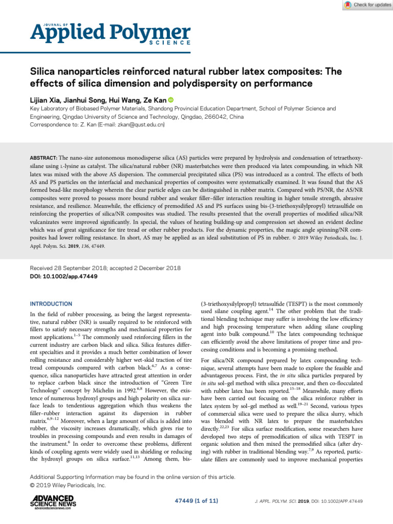J of Applied Polymer Sci - 2019 - Xia - Silica nanoparticles reinforced natural rubber latex ...