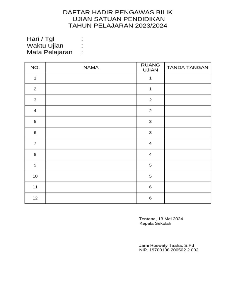 Daftar Hadir Pengawas Ruang Ujian | PDF