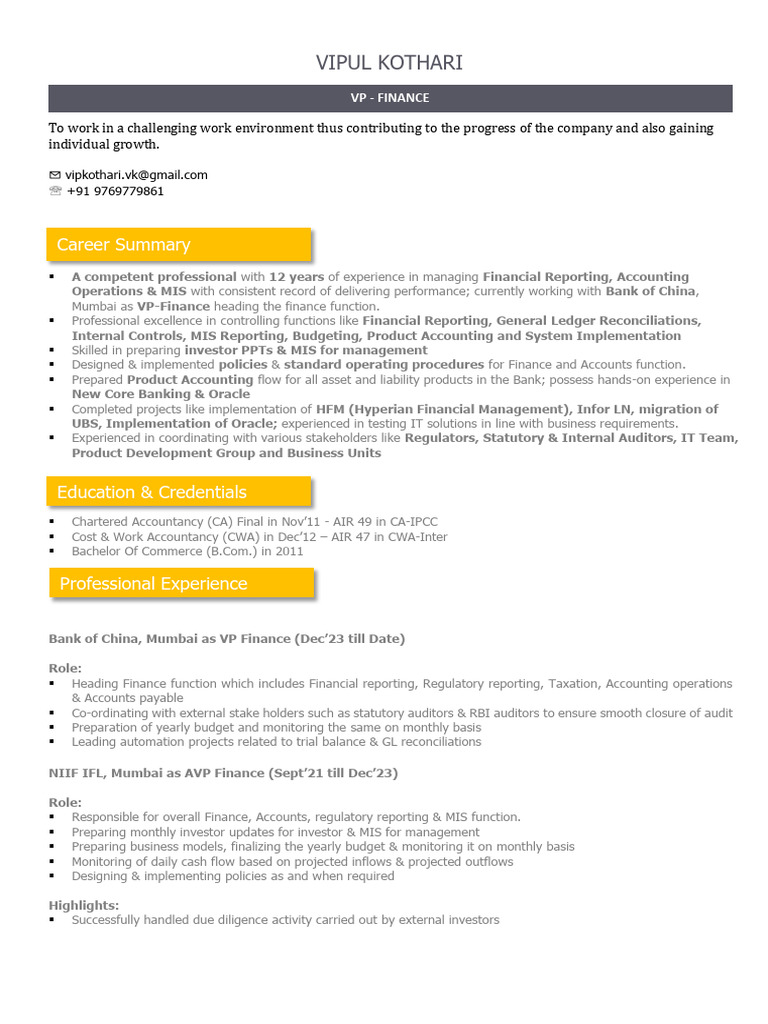 Vipul Kothari - Resume - 15.07.24 | PDF | Accounting | Audit