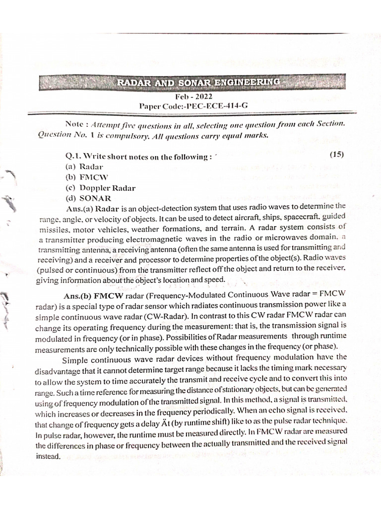 Radar and Sonar Sample Paper 1 | PDF