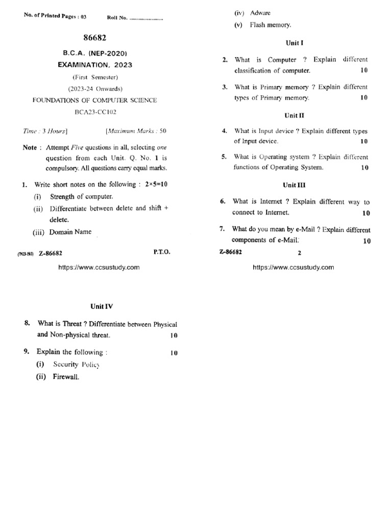 Bca 1 Sem Foundations of Computer Science 86682 2023 | PDF