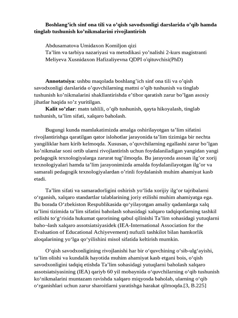 Abdusamatova Umidaxon Tezis | PDF