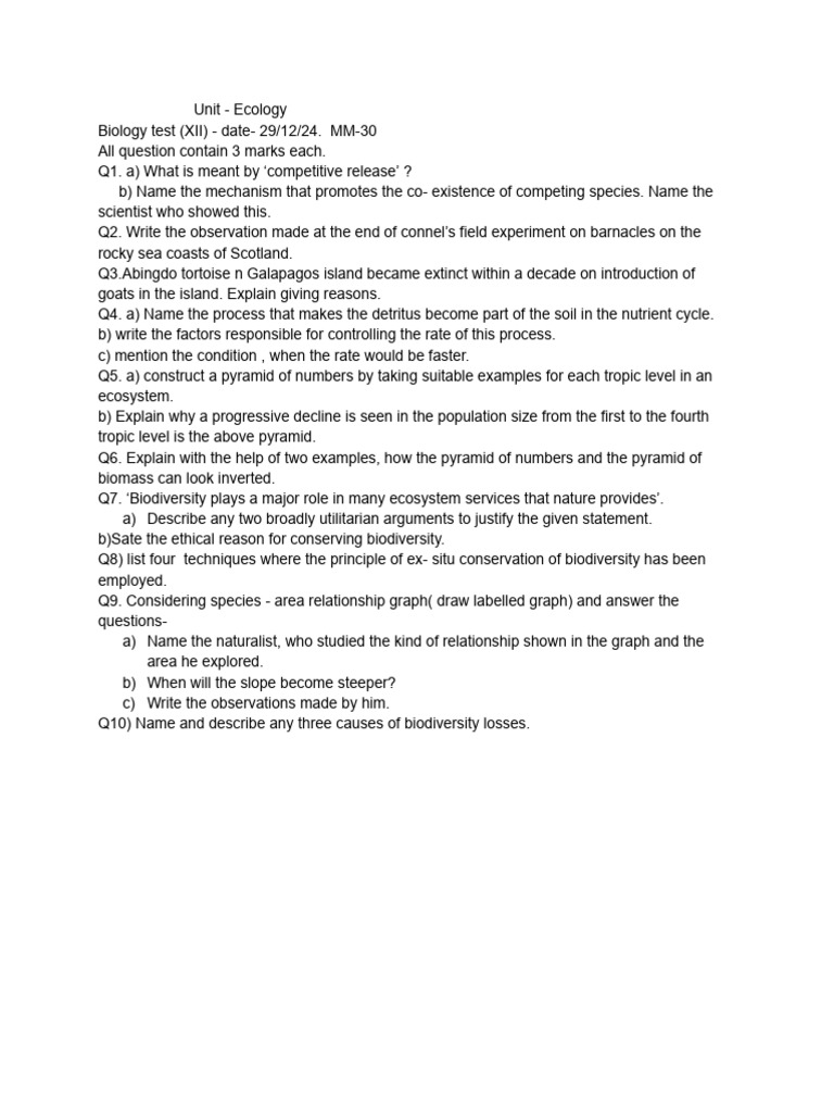 Ecology Test Questions for XII Biology | PDF