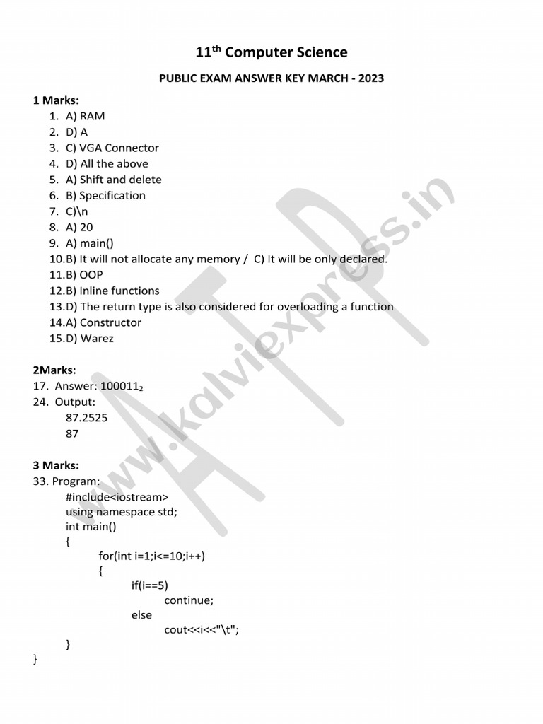 11 TH Computer Science Mar 2023 Public Answer Key | PDF