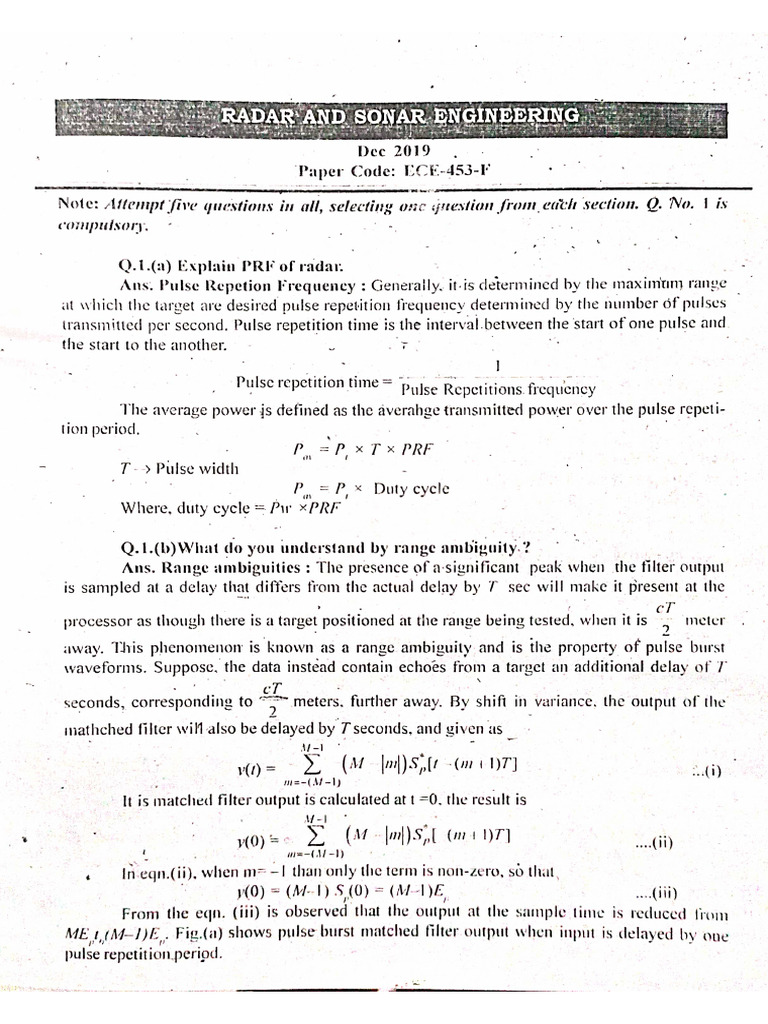 Radar and Sonar Sample Paper 3 | PDF