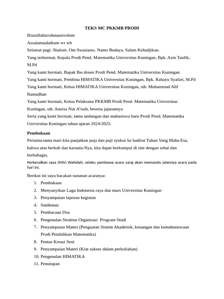 Teks MC PKKMB Prodi | PDF