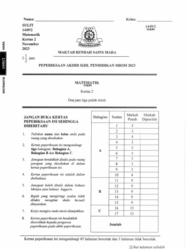SPMRSM Matematik 2023 K2 | PDF