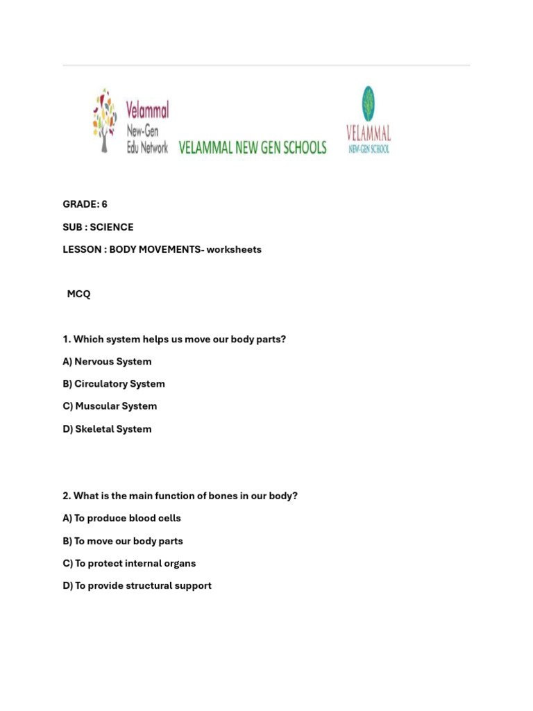 Body Movements - Grade 6 - Worksheet | PDF | Muscle | Musculoskeletal ...