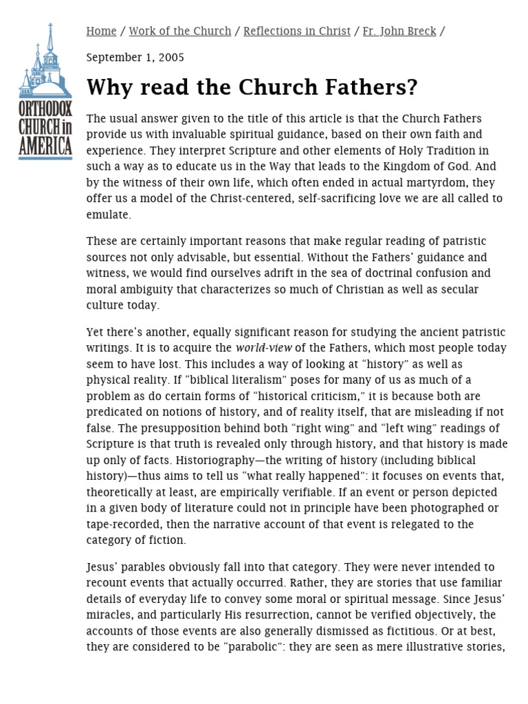 Importance of Reading Church Fathers | PDF | Bible | Church Fathers