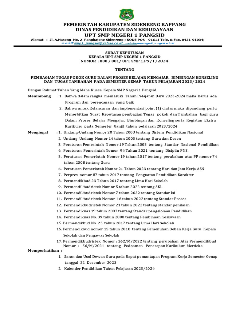 SK Tugas Tambahan Sebagai Guru Piket.1 | PDF