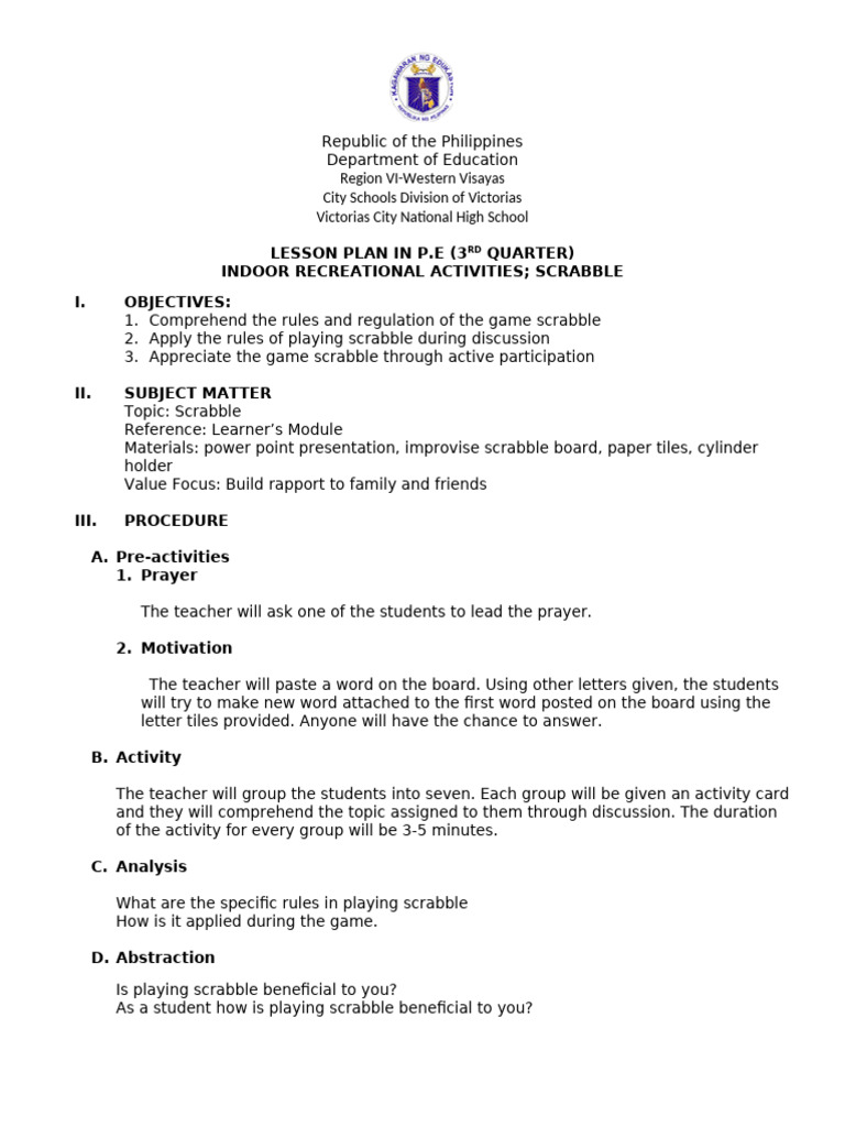 Scrabble 3rd Lesson Plan For COT | PDF | Teachers | Lesson Plan