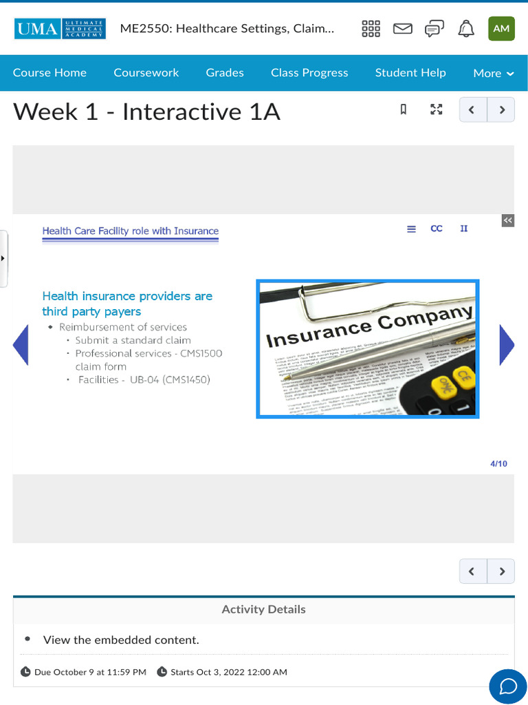 Week 1 - Interactive 1A - ME2550 Healthcare Settings, Claim Cycle, and ...