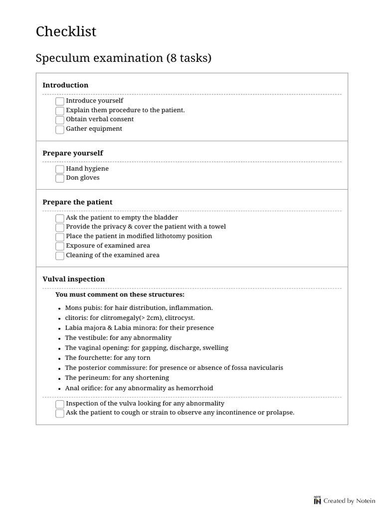 Speculum Examination Checklist Guide | PDF | Labia | Vagina