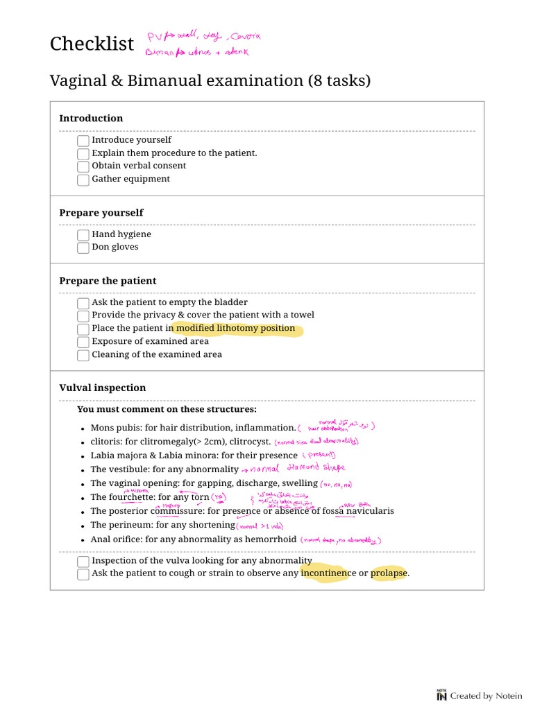 Vaginal & Bimanual Examination - Checklist | PDF | Vagina | Labia