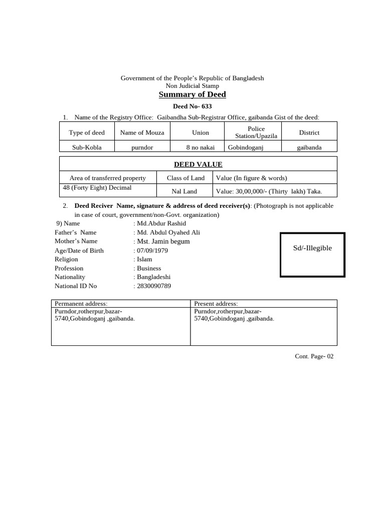 541727249-Deed-No1-Summary.docx 1 | PDF | Bengal | Bangladesh