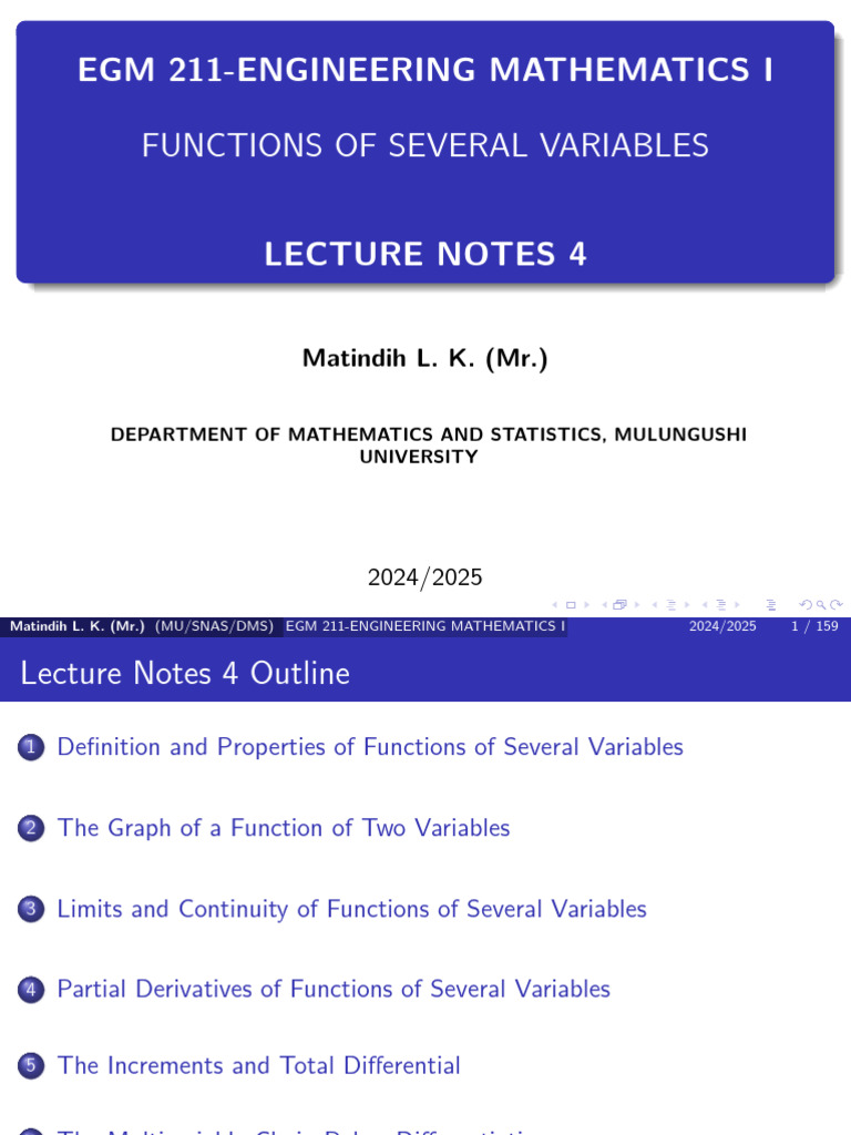EGM 211 - Functions of Several Variables - PPP | PDF | Function (Mathematics) | Variable ...