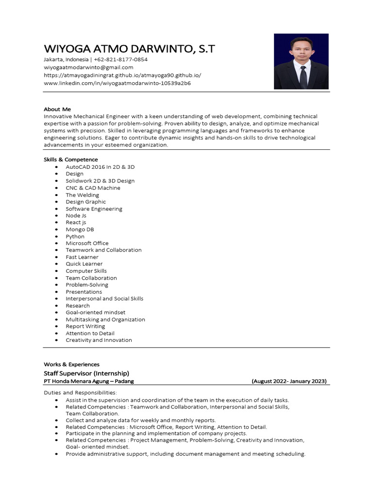 CV Ats - Wiyoga Atmo Darwinto | PDF | Mechanical Engineering | 3 D Computer Graphics