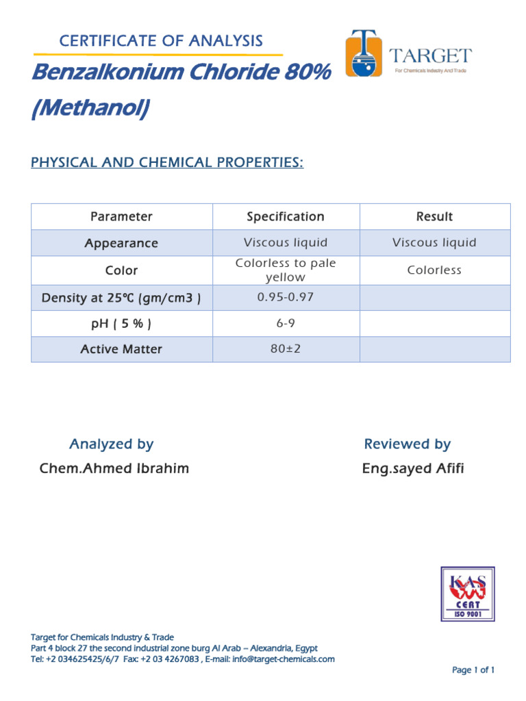 BKC 80 - Methanol COA | PDF