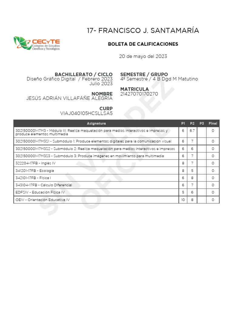 Boleta de Calificaciones Bachillerato 2023 | PDF | Diseño de ...