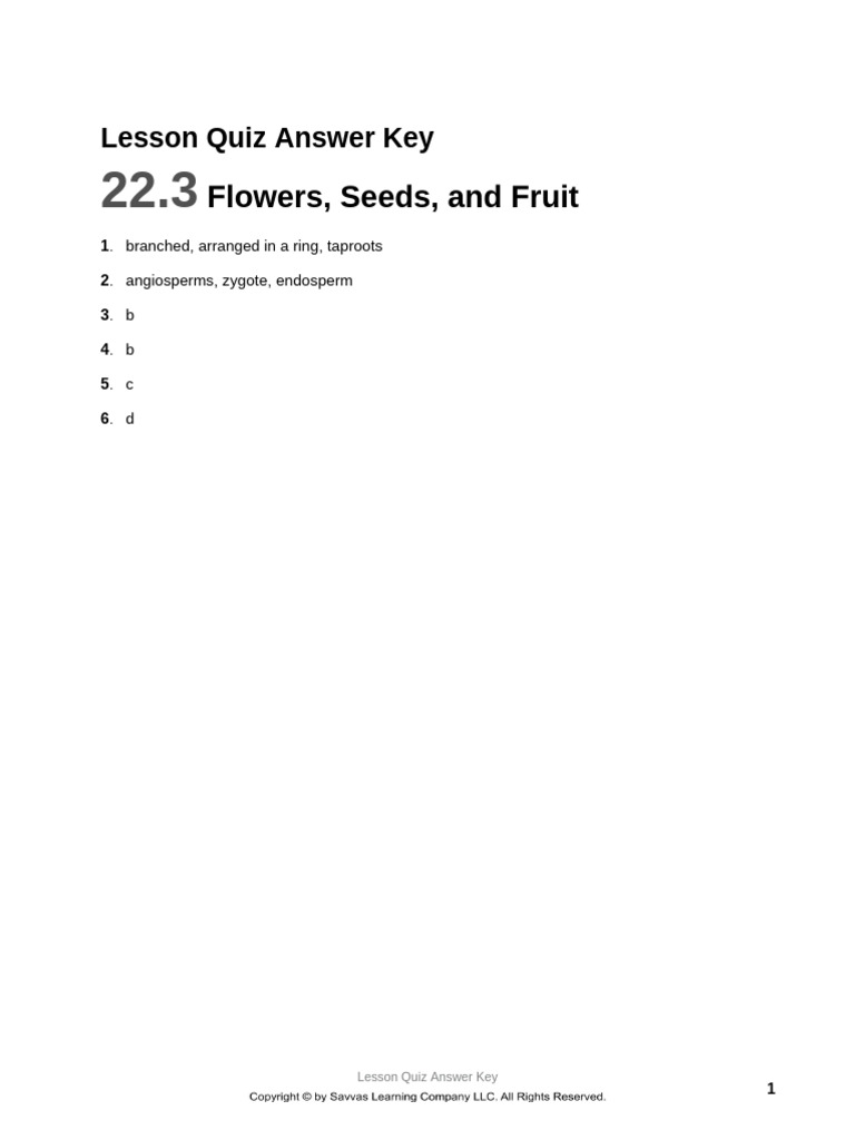 Quiz Answer Key: Flowers & Seeds | PDF