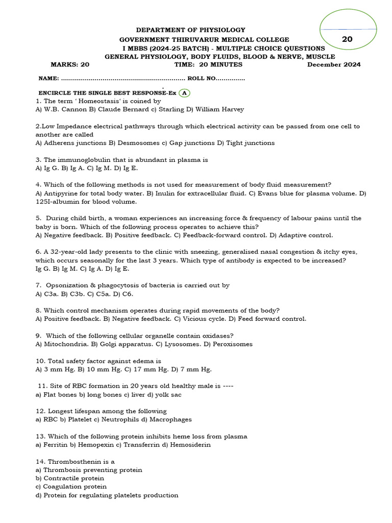 I- IA General Physiology, Blood and Body Fluids MCQs | PDF | Anemia | Coagulation