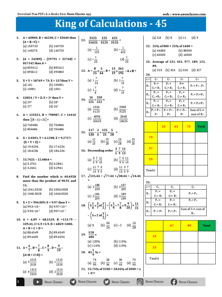 King Of Calculations Sheet 45 | PDF | Mathematics | Mathematical Notation