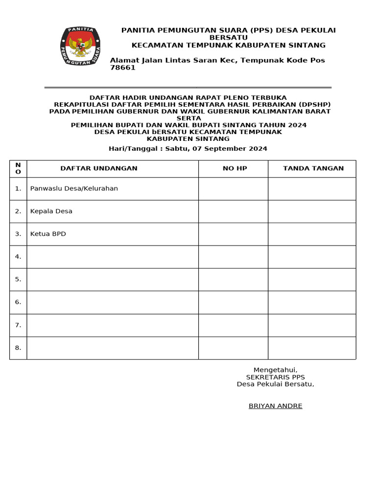01 Draft Daftar Hadir PPS_PPK_DPSHP | PDF