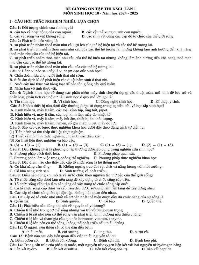 ĐỀ-CƯƠNG-ÔN-TẬP-KSCL-LẦN-1-Sinh-10 | PDF