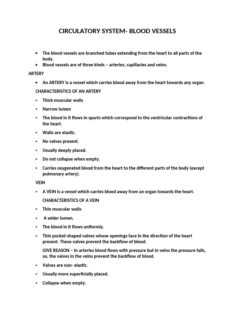 Class 10 Circulatory System - Blood Vessels | PDF | Vein | Artery