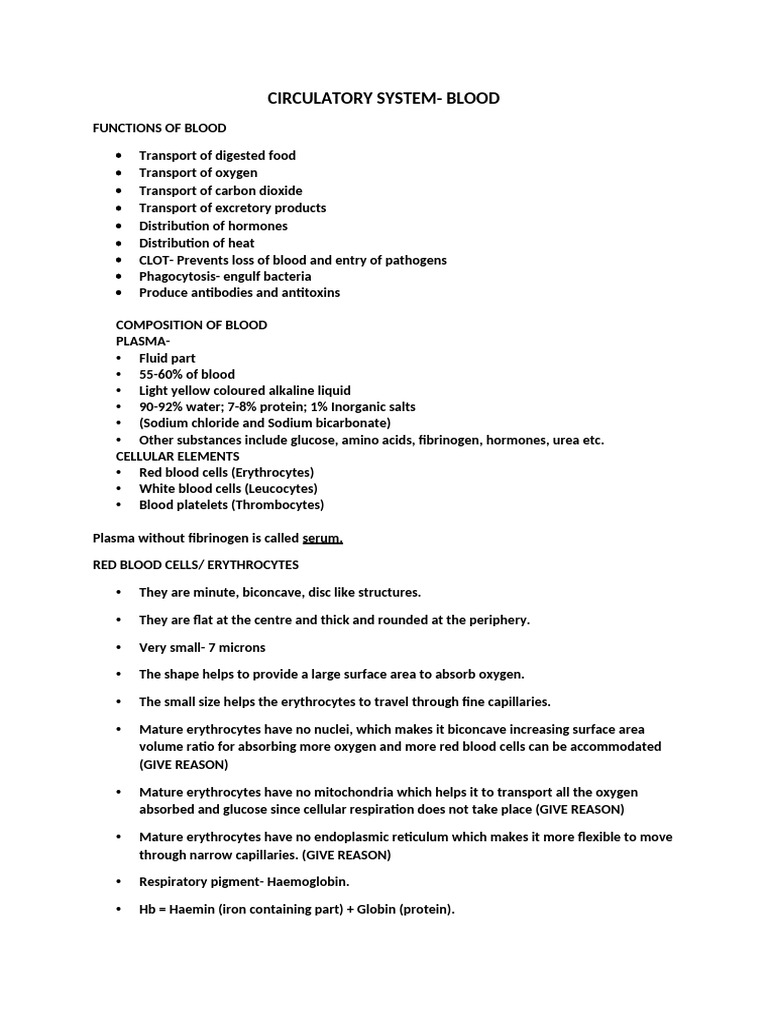 Circulatory System - Blood Key Points | PDF | Blood Type | Red Blood Cell