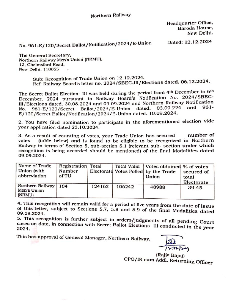 UNION RECOGNIS LETTER | PDF