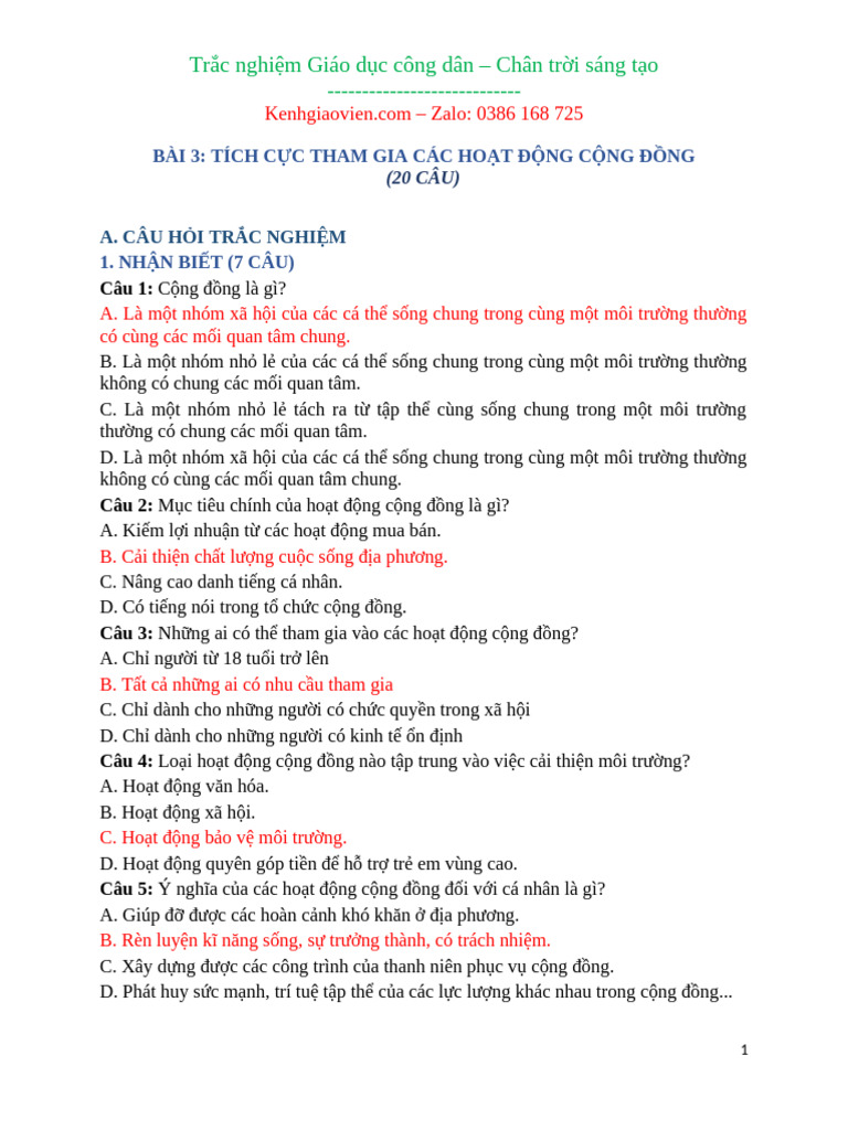 TN GDCD 9 Bai 3 Tich Cuc Tham Gia Cac Hoat Dong Cong Dong | PDF