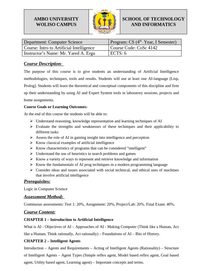 Artificial Intelligence Course Outline | PDF | Artificial Intelligence ...